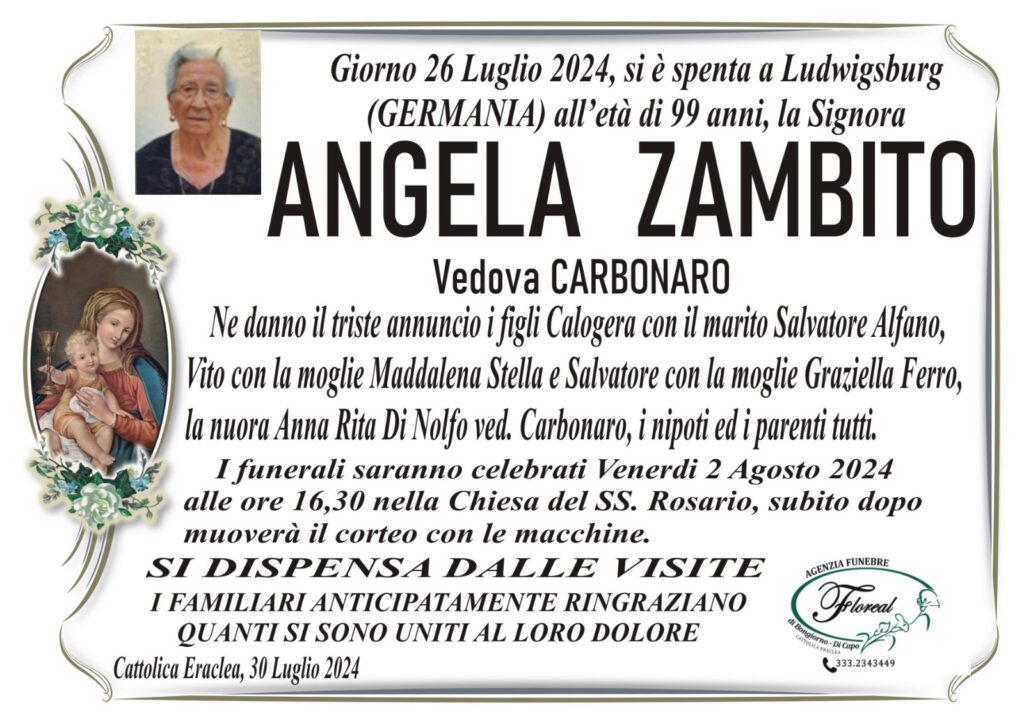 É deceduta la signora Angela Zambito